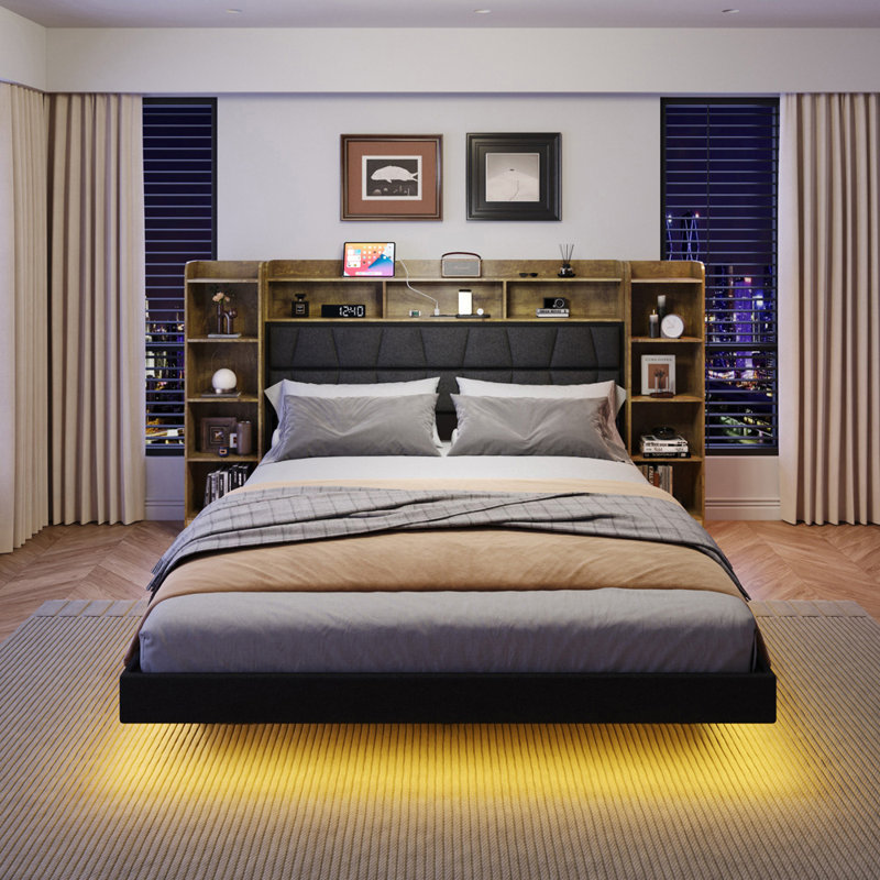 Orren Ellis Floating Queen Bed Frame With LED Light And Bookcase Storage Wayfair